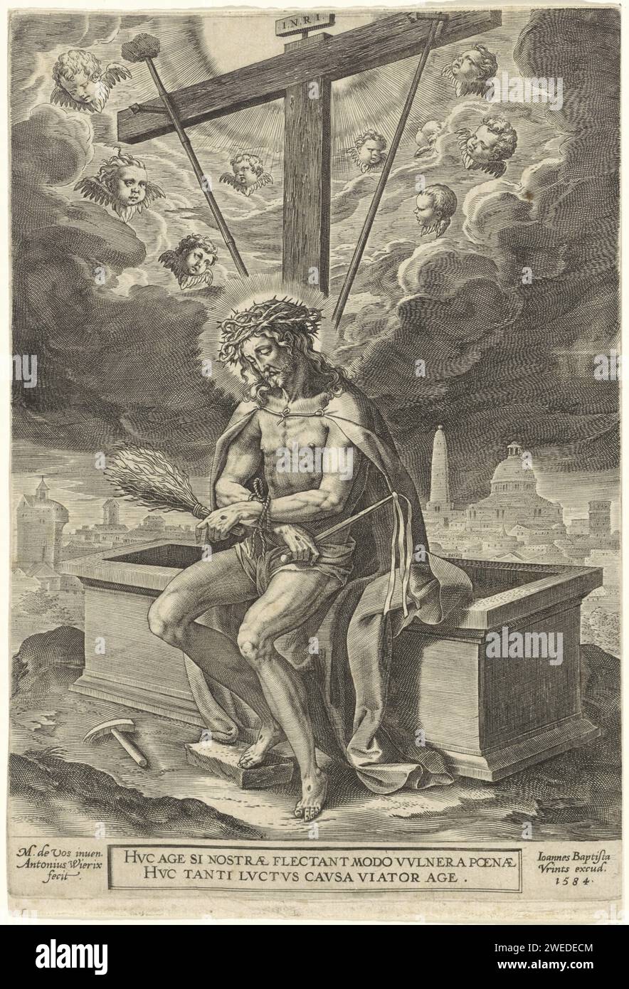 Christ as man of sorrows, by his grave, Antonie Wierix (II), After Maerten de Vos, 1584 print ...