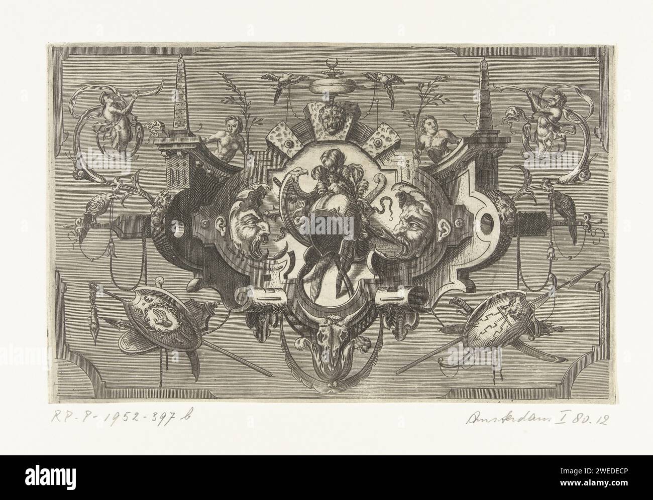 Cartouche with a weapon trophy flanked by two Mascarons and Profil ...