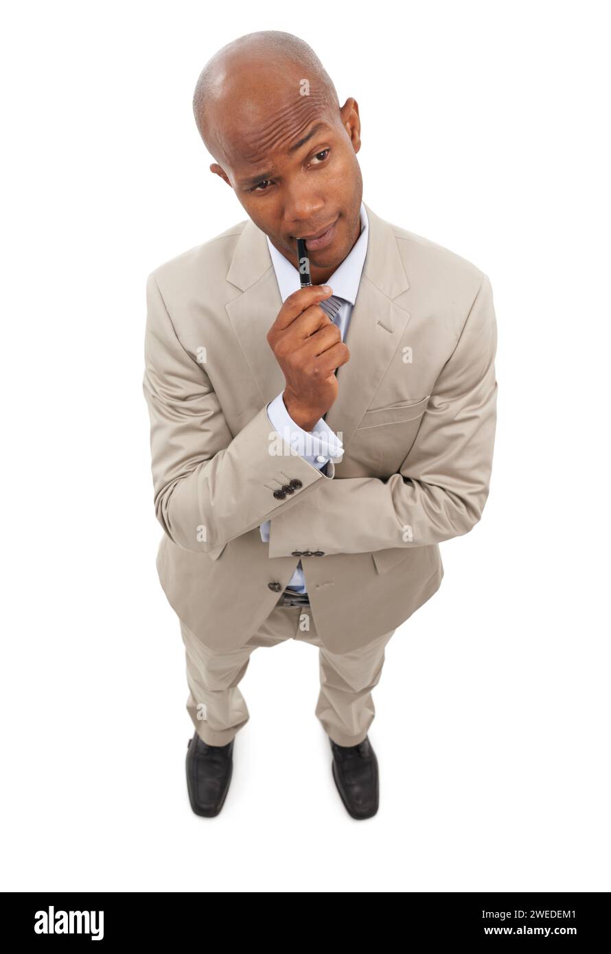 Business, problem solving or black man in studio thinking of ideas or ...