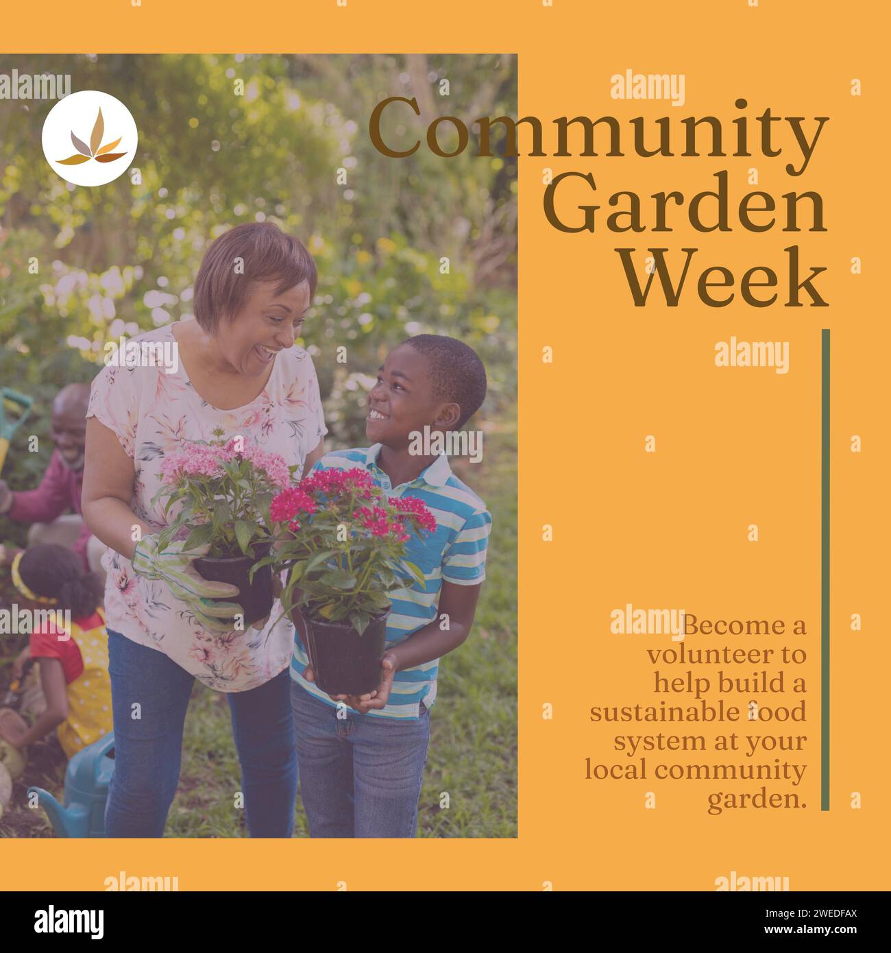 Composition of community garden week text over diverse woman and boy ...
