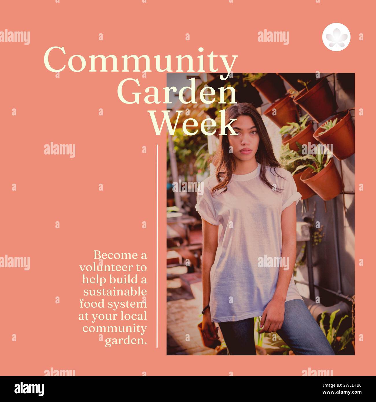 Composition of community garden week text over biracial woman gardening ...