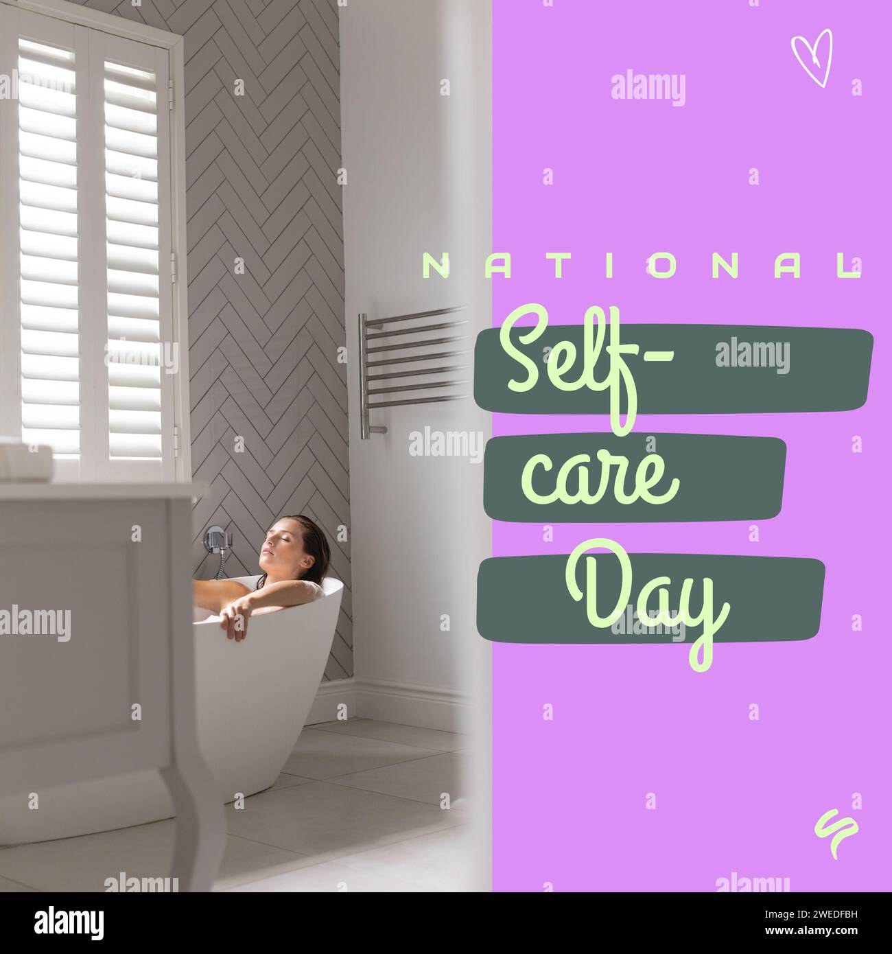 Composition of national self-care day text over caucasian woman taking ...