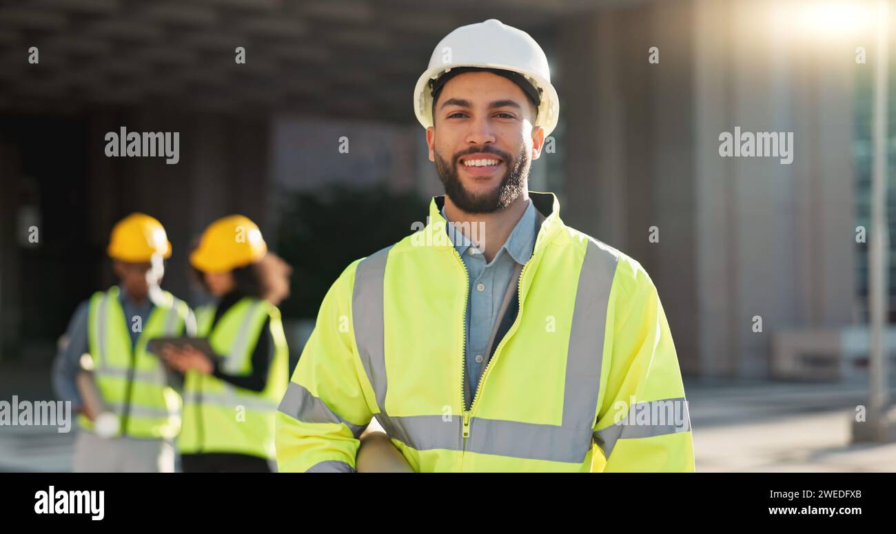Happy man, architect and city for construction management or teamwork ...