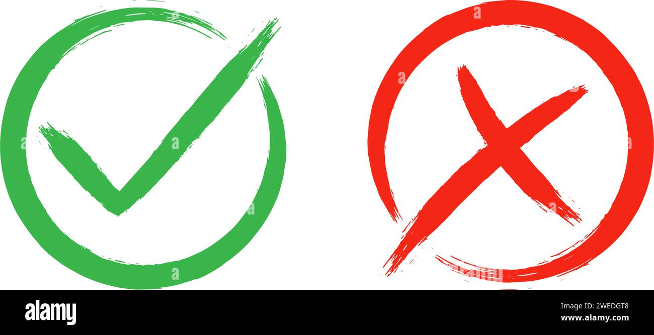 Two dirty grunge cross x and tick OK check marks in check boxes, hand ...