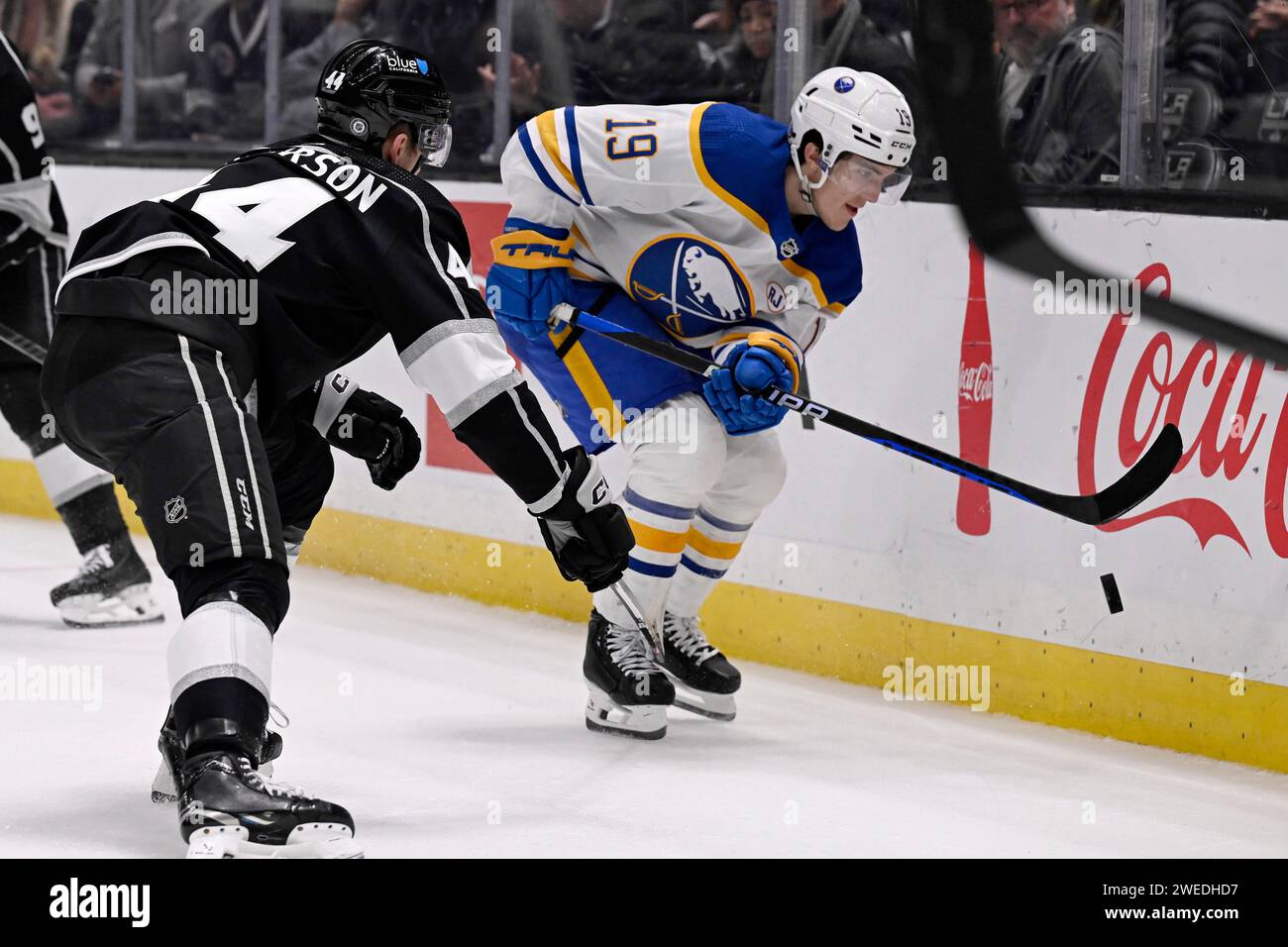 Buffalo Sabres center Peyton Krebs (19) controls the puck with Los ...