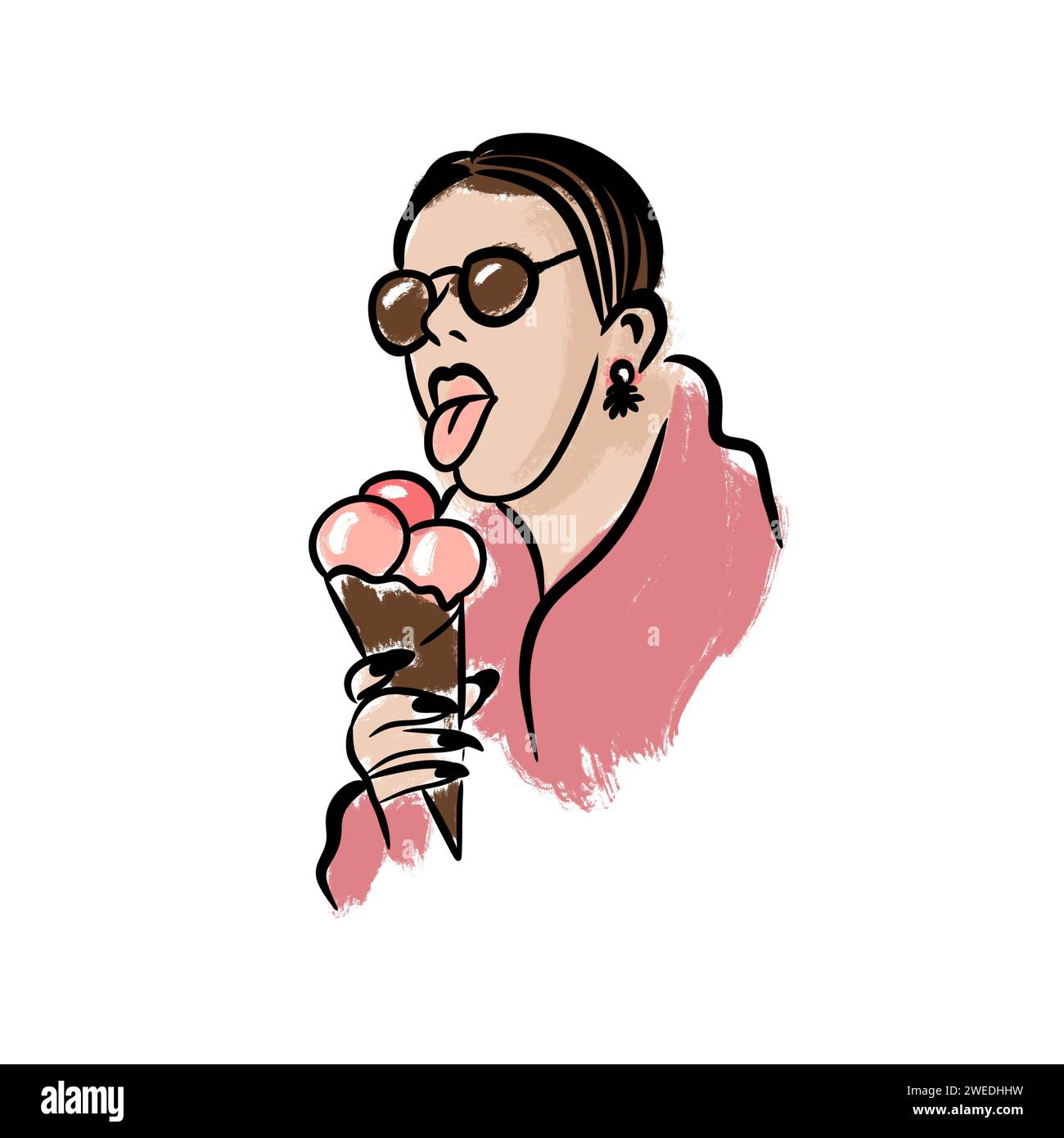 Hand drawn illustration of woman eating ice cream cone. Pink peach ...