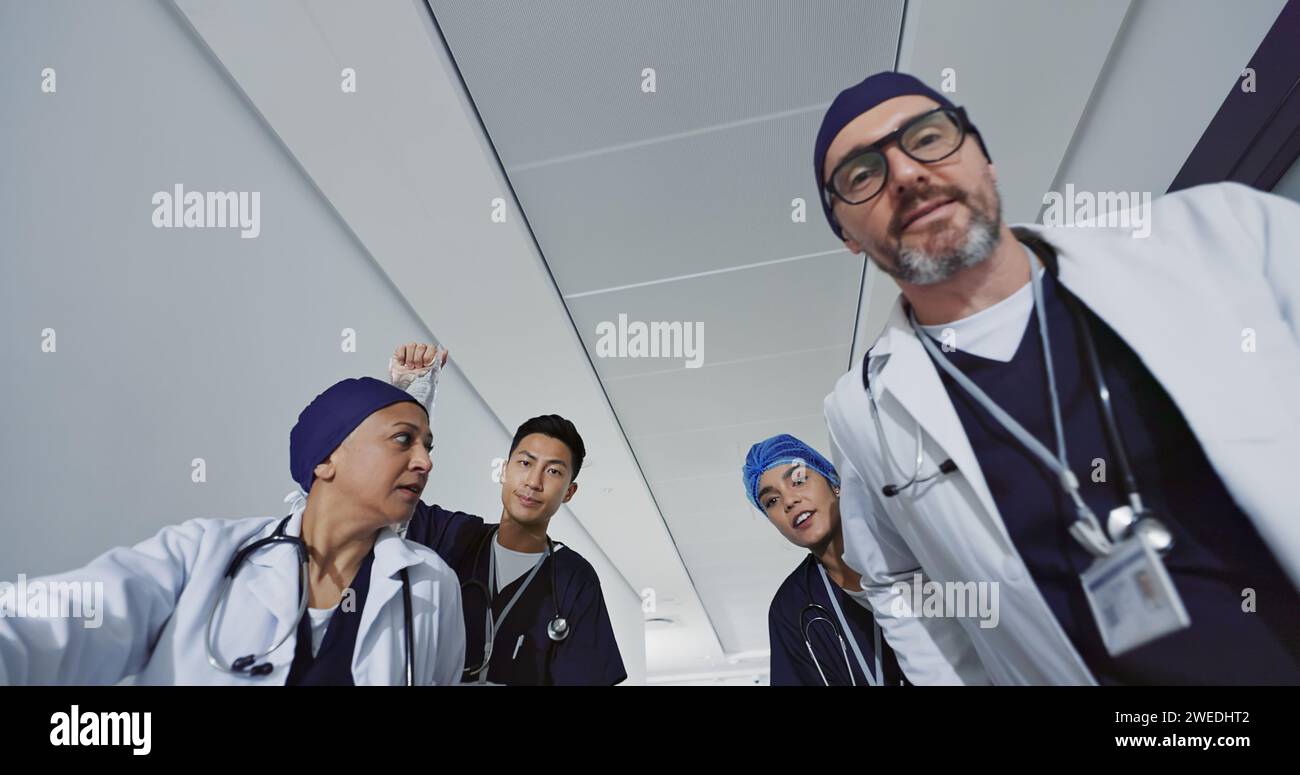 Pov, doctors and team push patient for emergency, surgery or operation ...