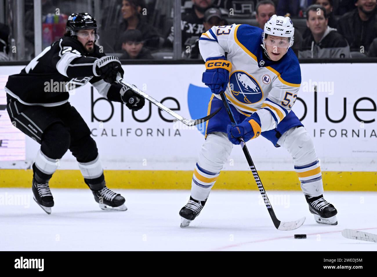 Buffalo Sabres left wing Jeff Skinner (53) controls the puck with Los ...