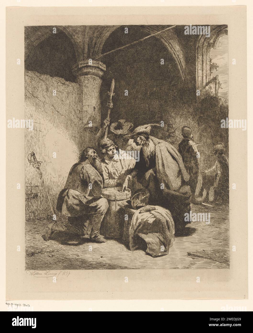 Map playing soldiers, Willem Linnig (I), 1854 print paper etching guard ...