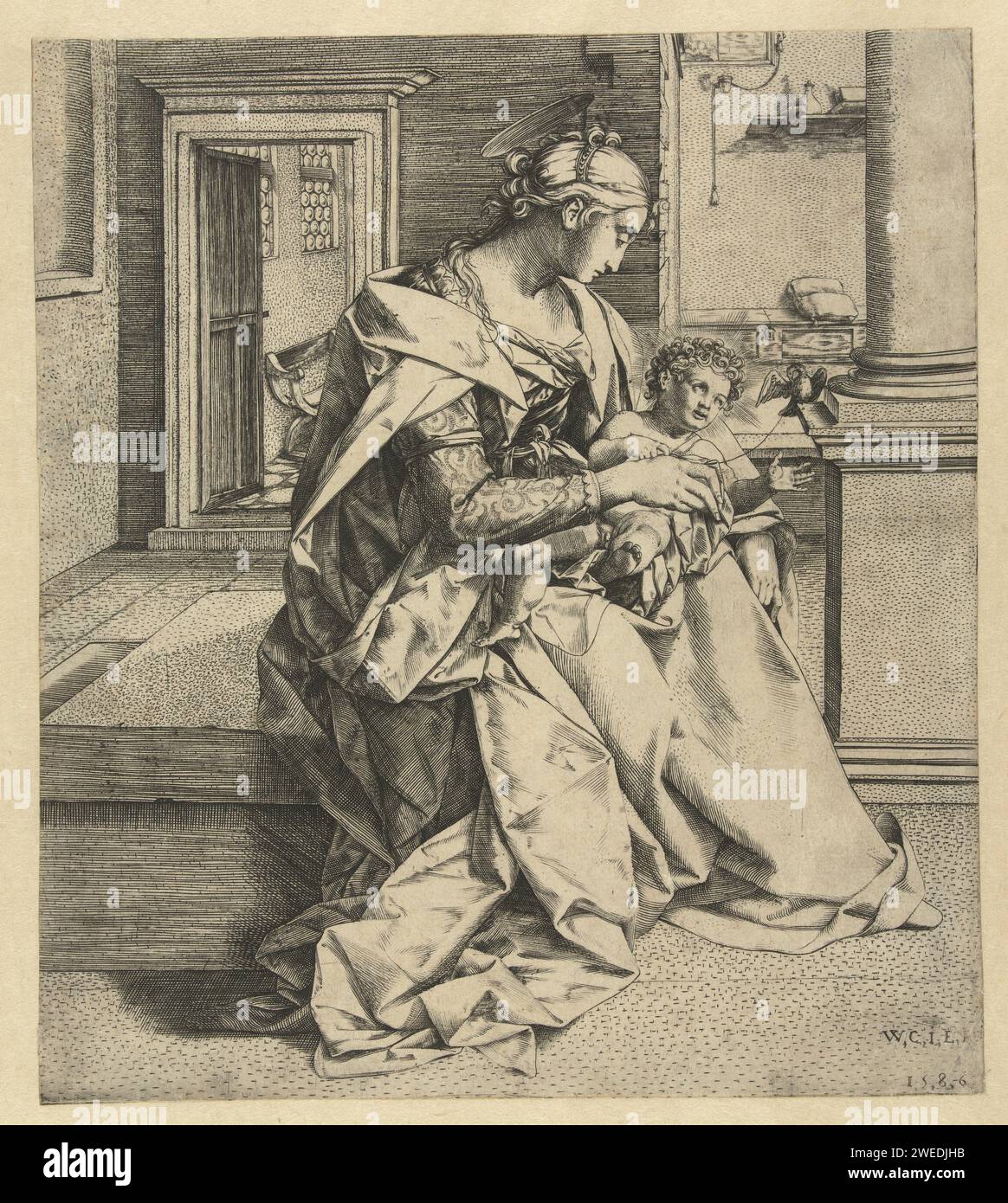 Madonna met kind, Monogrammist WCIEF, 1586 print Mary and Christ child ...