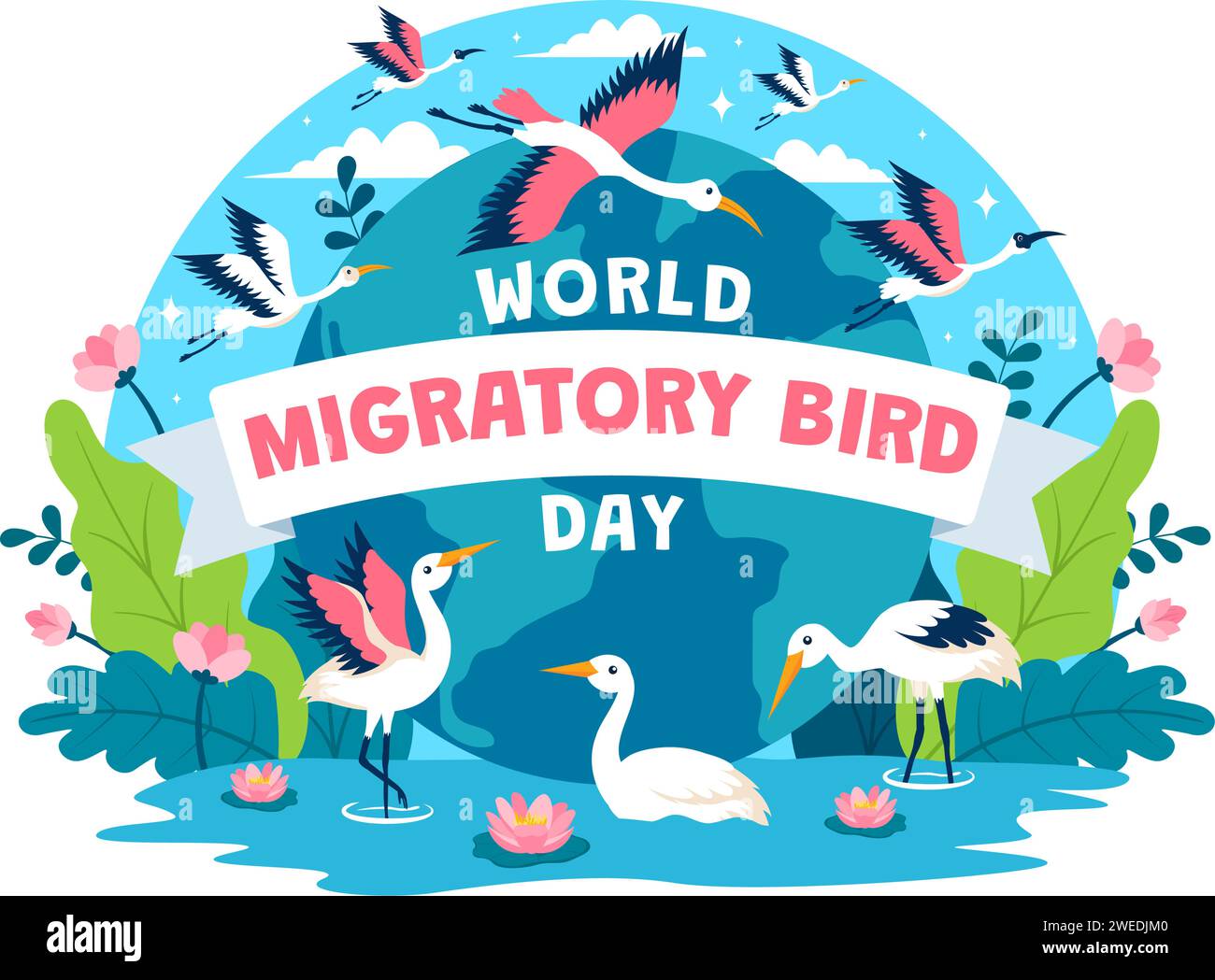 World Migratory Bird Day Vector Illustration with Birds Migrations ...