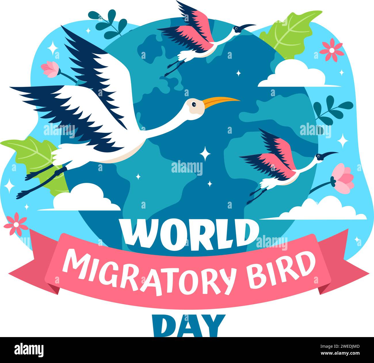 World Migratory Bird Day Vector Illustration with Birds Migrations ...