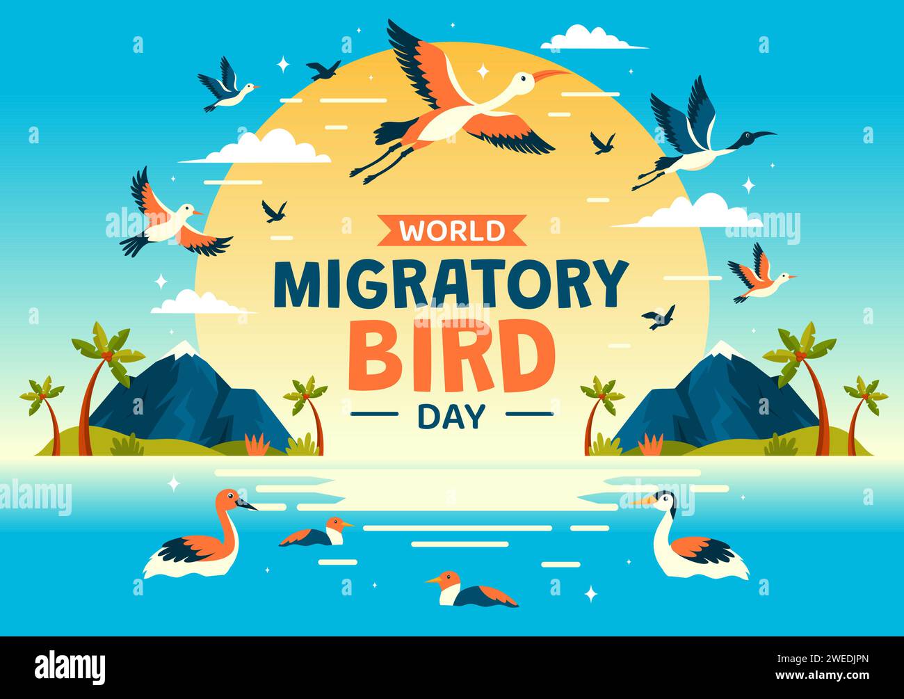 World Migratory Bird Day Vector Illustration with Birds Migrations ...