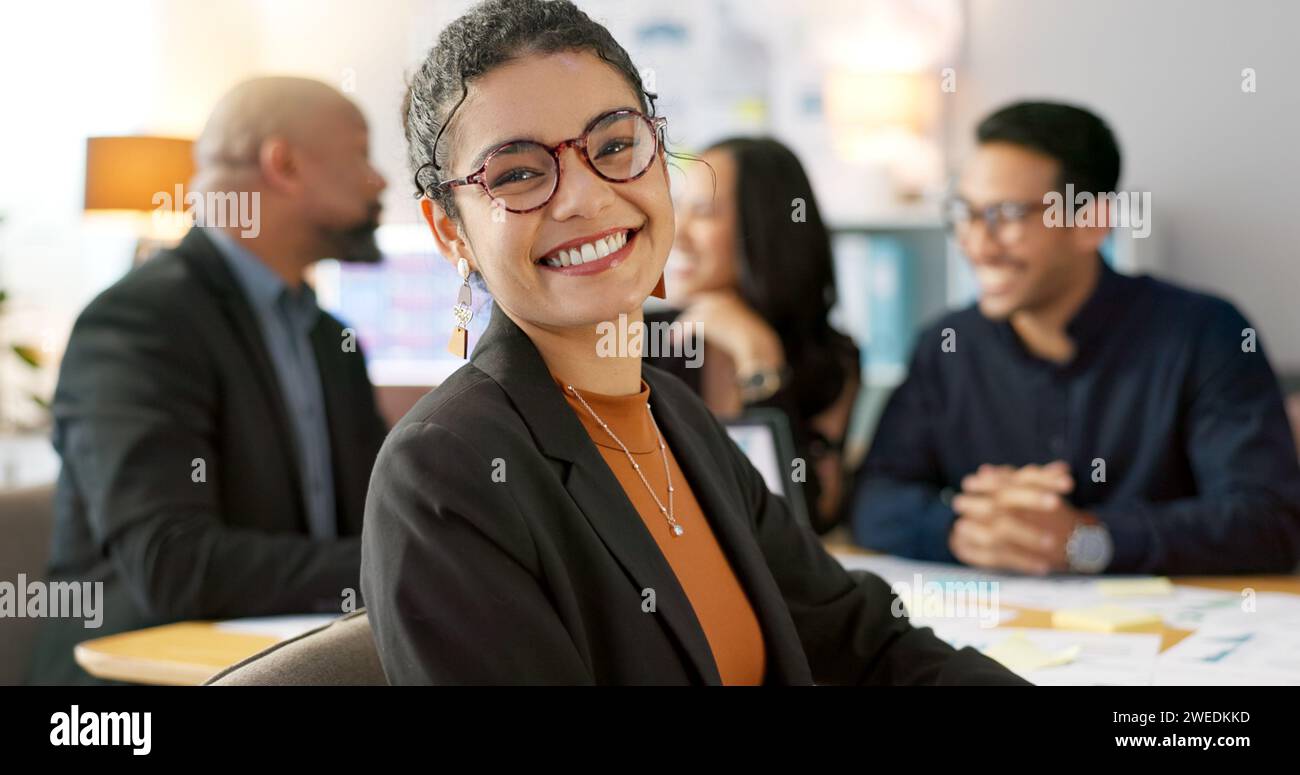 Meeting, happy and portrait of employee with team planning or working ...