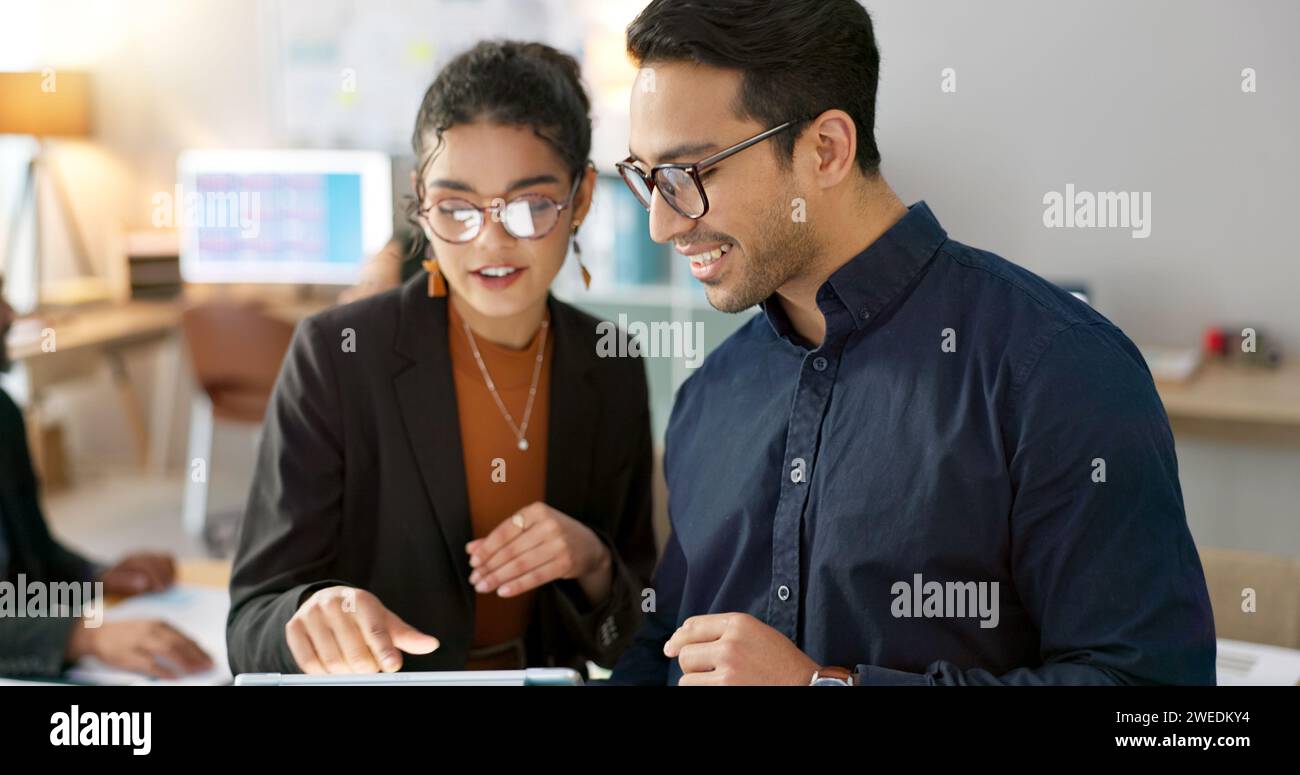 Office, business people and brainstorming with planning, tablet and ...