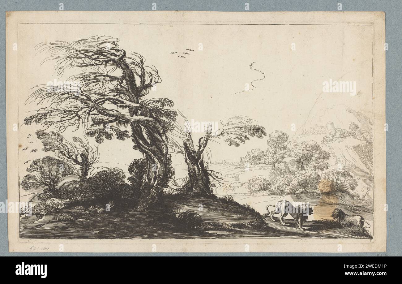 Landscape with two lions, Jean Pesne, After Guercino, 1666 - 1695 print ...