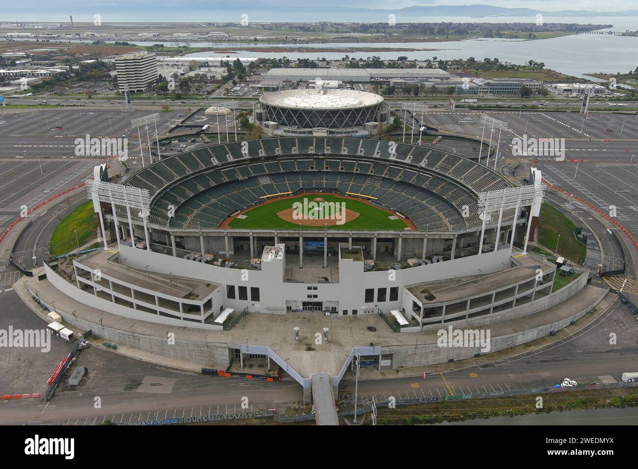 A general overall aerial view of the Oakland-Alameda County Coliseum ...