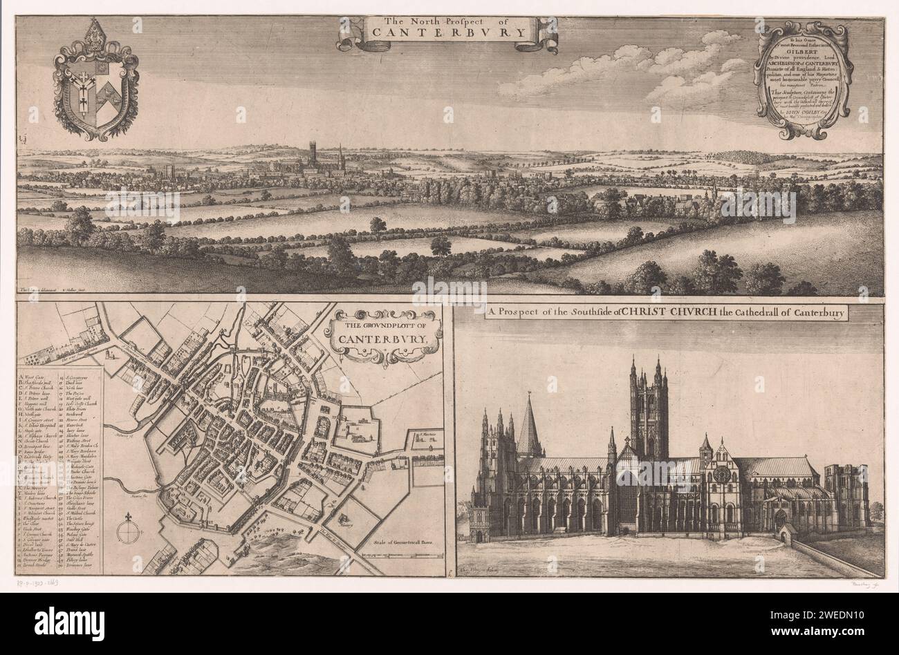 Map and view of Canterbury and Cathedral of Canterbury, Wenceslaus ...