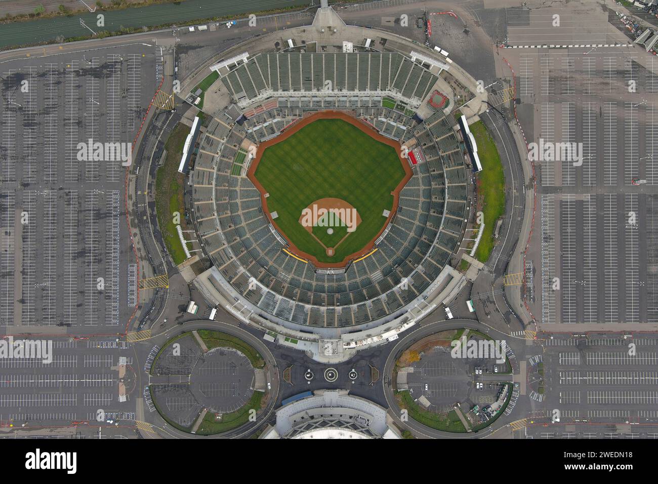 A general overall aerial view of the Oakland-Alameda County Coliseum ...