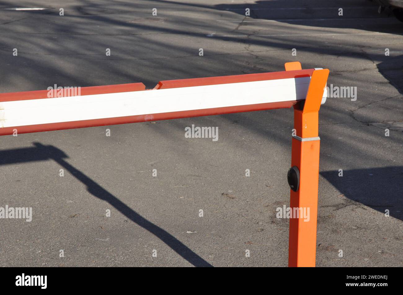No entry sign. A close-up of entry auto barrier, automatic arm barrier ...