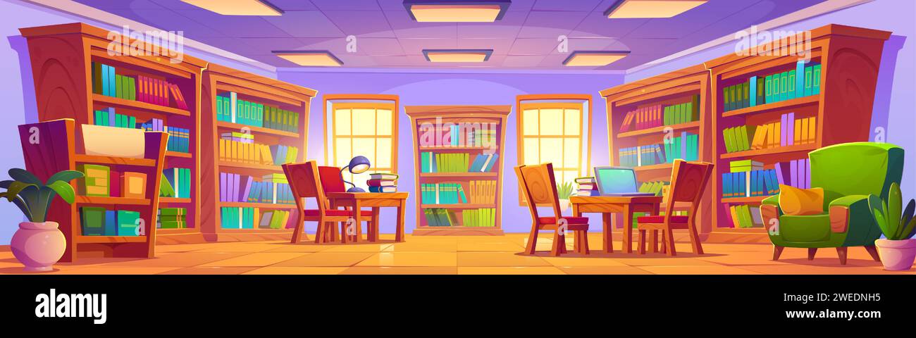 School public library or bookshop interior with wooden cabinet with ...