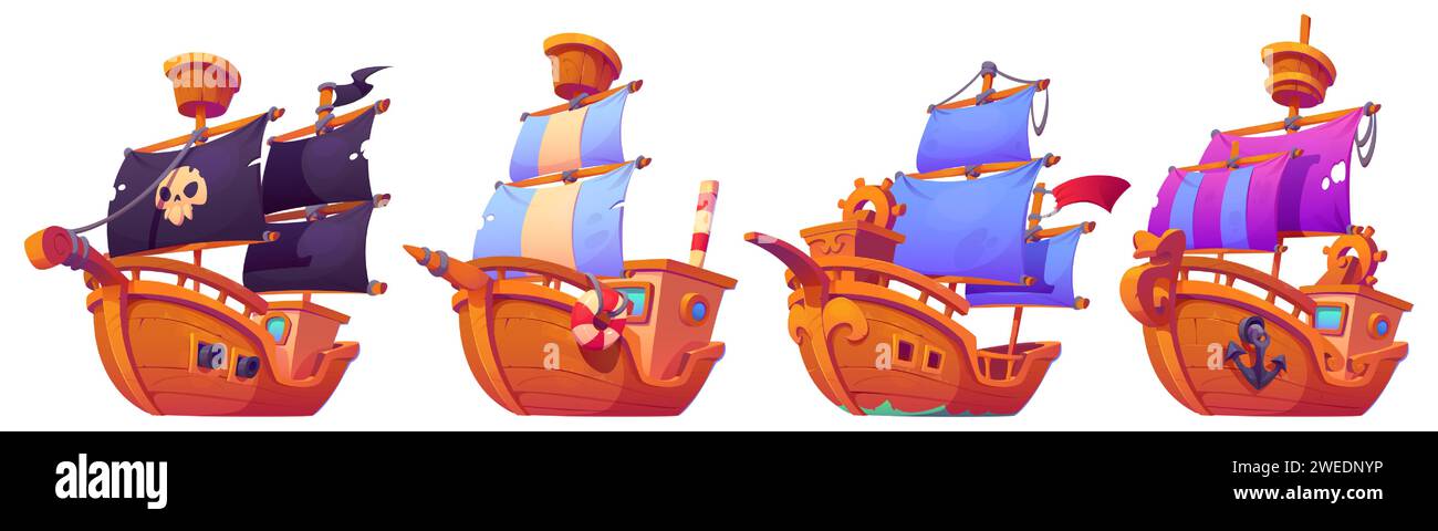 Cartoon old sailboat with wooden deck and captain dock, mast and canvas ...