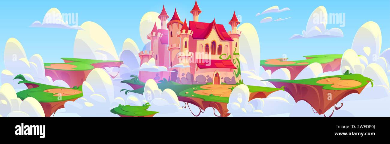 Magic ancient kingdom castle floating on ground platform in sky with ...