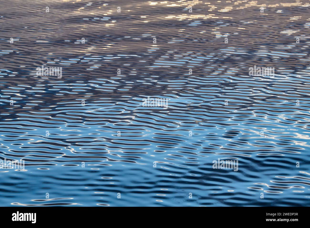 Sunset water ripples on a still loch in winter. Lochindorb, Highlands ...