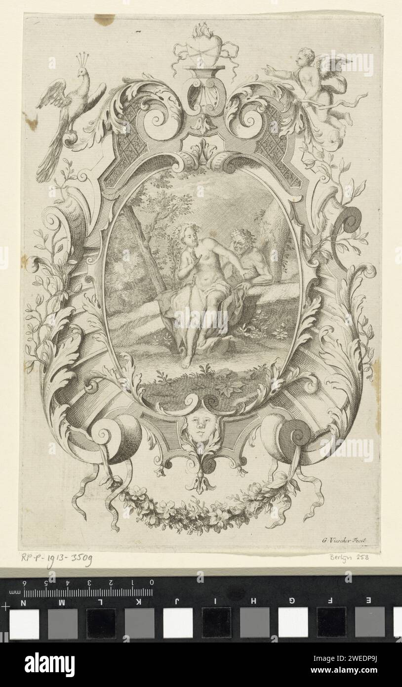 Sater approaches a nymph in ornamental frame, Gerrit Visscher, 1690 ...