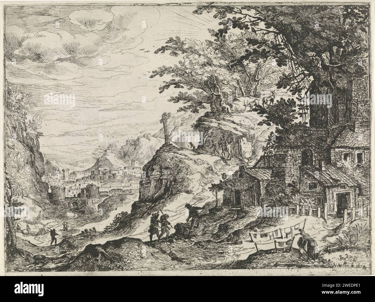 Mountain landscape with walled city in the Dal, Nicolas Moillon, 1613 ...
