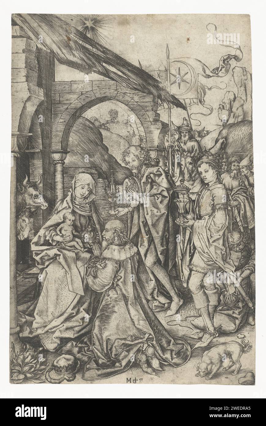 The worship of the Kings, Martin Schongauer, c. 1470 - 1482 print Maria ...