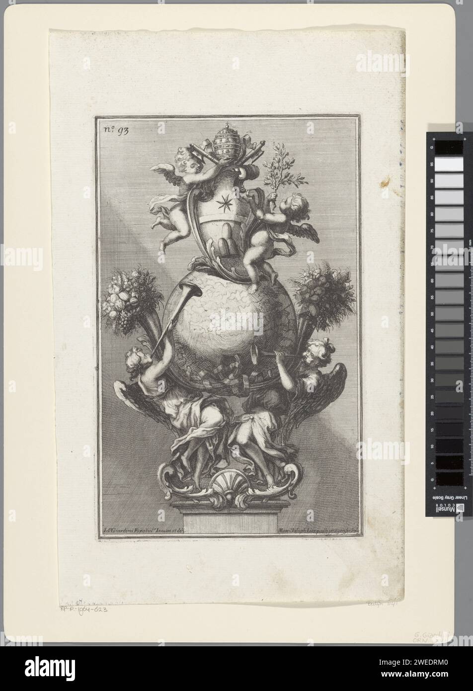 Ornament with putti, angels with trumpets and the weapon of Pope ...