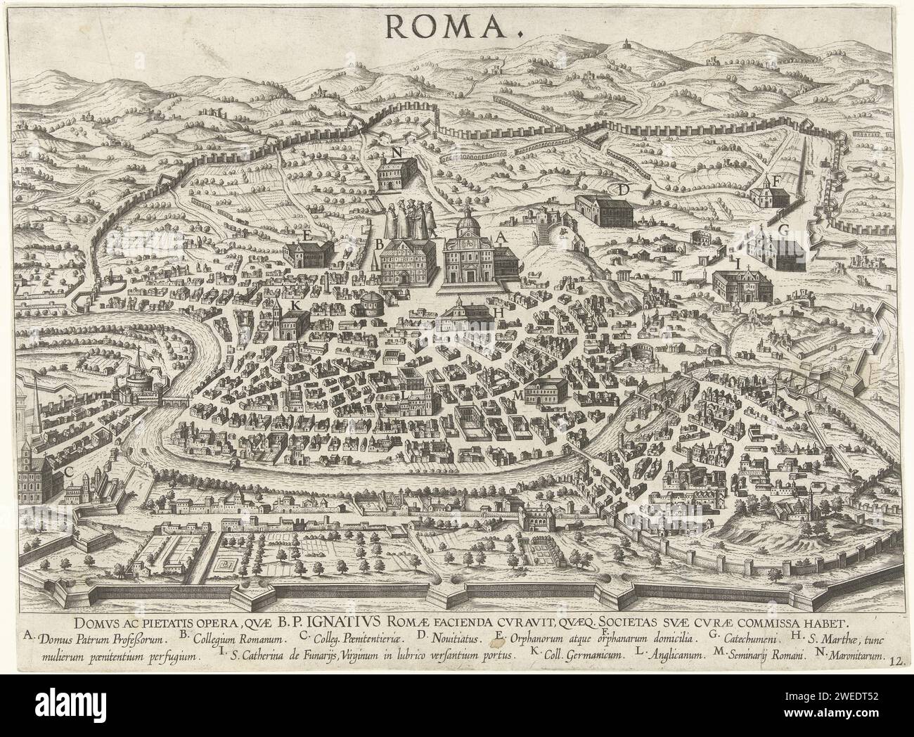 Map of Rome with the foundations of Ignatius van Loyola, Anonymous ...