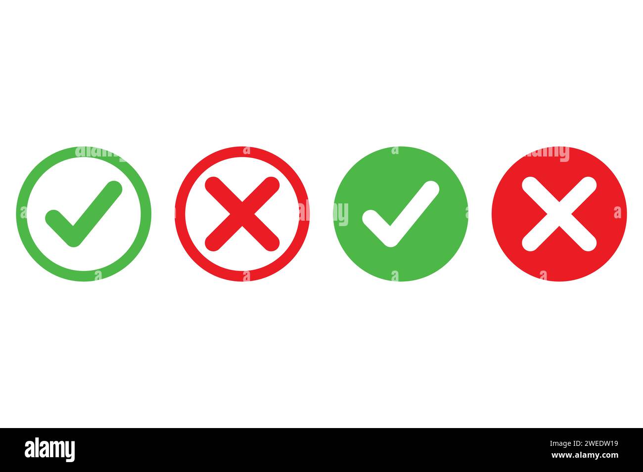 Set green approval check mark and red cross icons in a circle, checklist signs, flat checkmark ...
