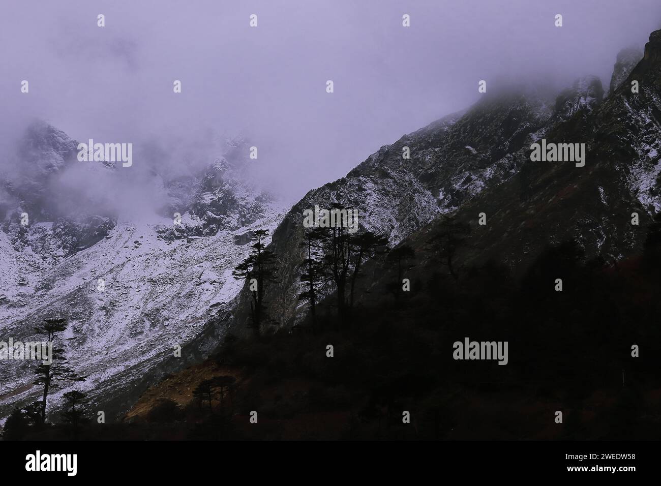 scenic mountain landscape, snowcapped himalaya mountains and cloudy ...