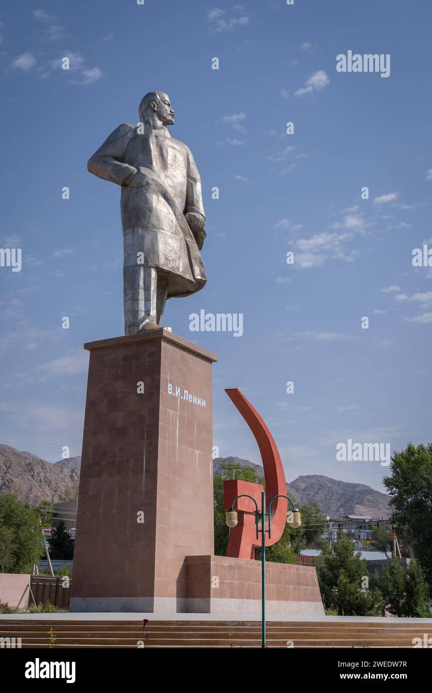 Vertical cityscape view of landmark Lenin statue standing on pedestal ...