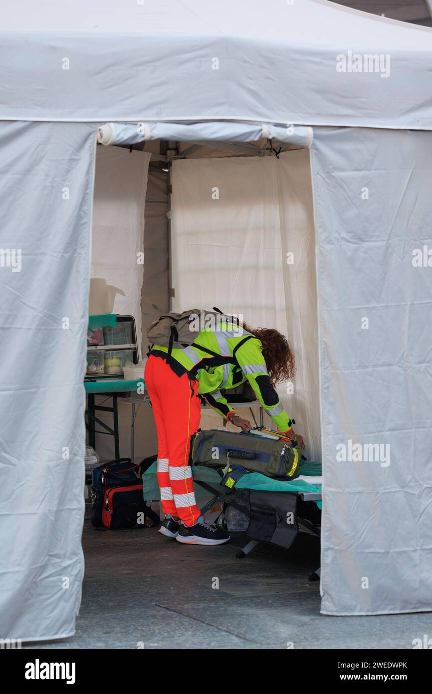 Outside White Temporary Rescue Control Centre Tent with a Doctor Stock ...