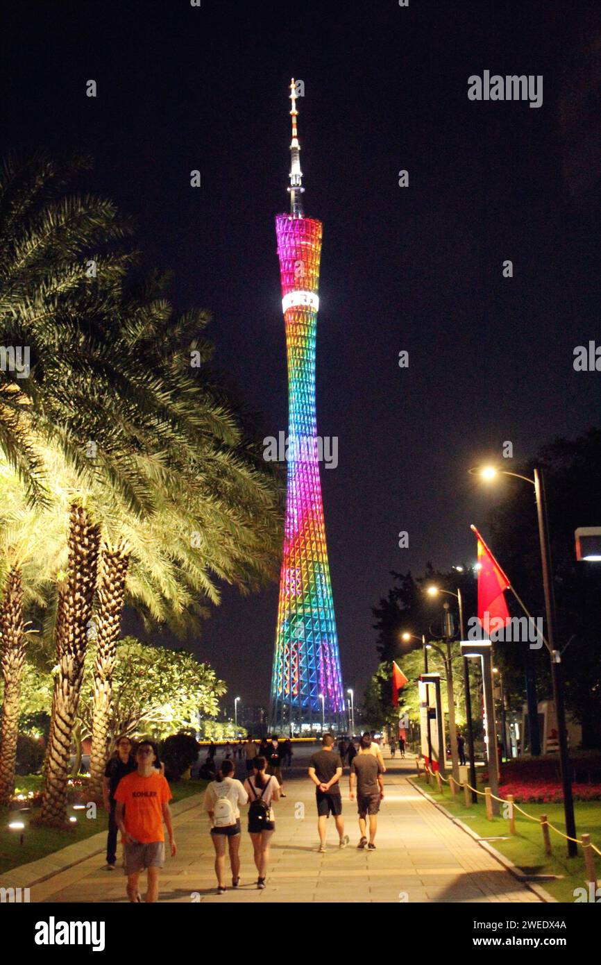 The landmark Canton Tower is displaying its light show at night in ...