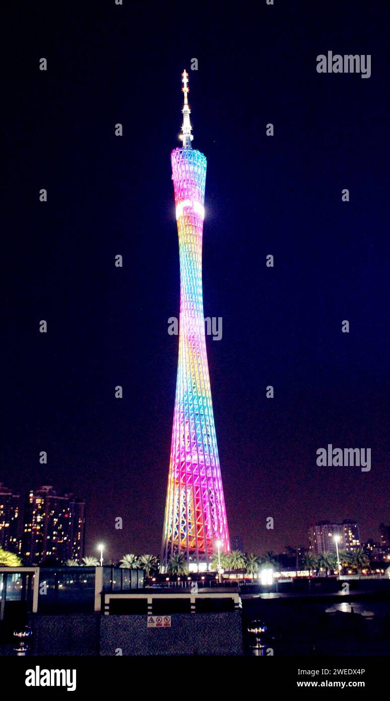 The landmark Canton Tower is displaying its light show at night in ...
