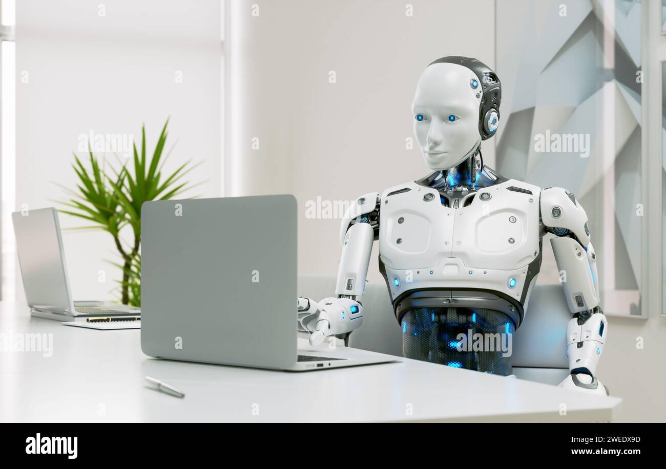 A humanoid robot works in an office on a laptop, artificial ...