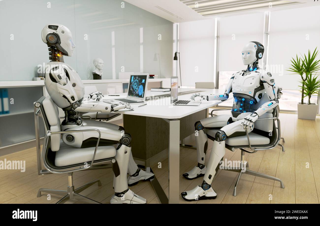 Humanoid robots work in an office on a laptop, artificial intelligence ...