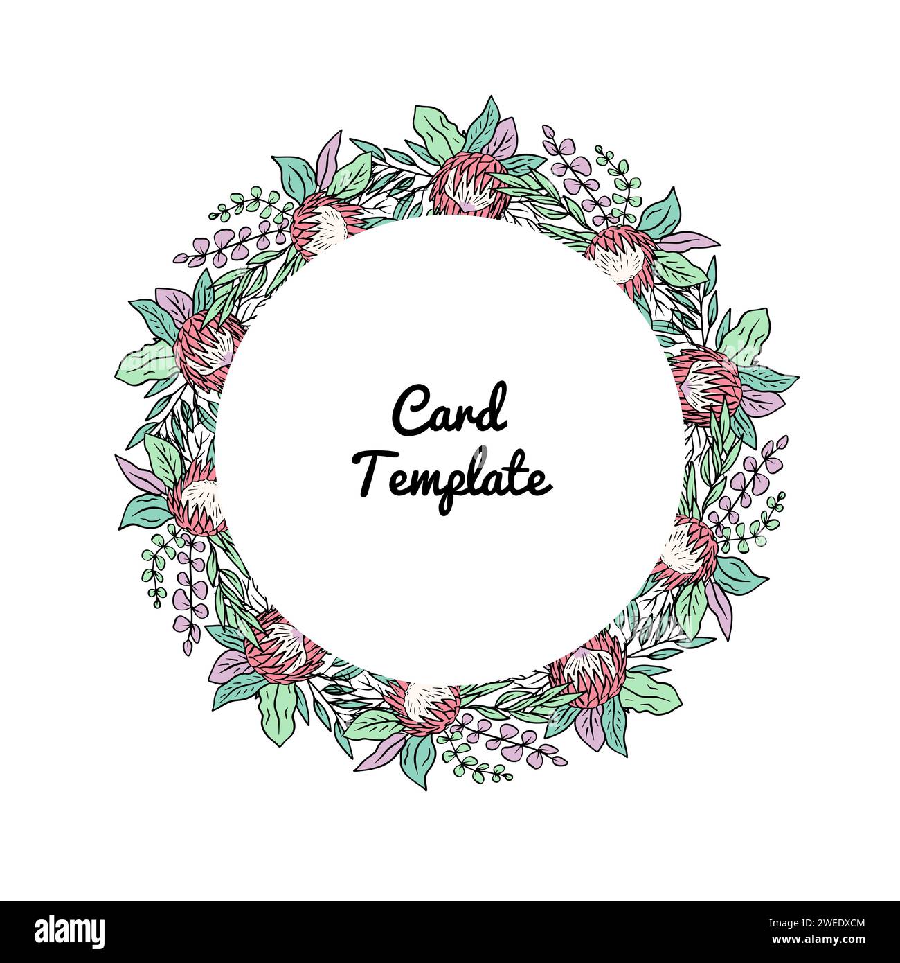 Hand drawn colorful line art tropical protea flower round frame Stock ...