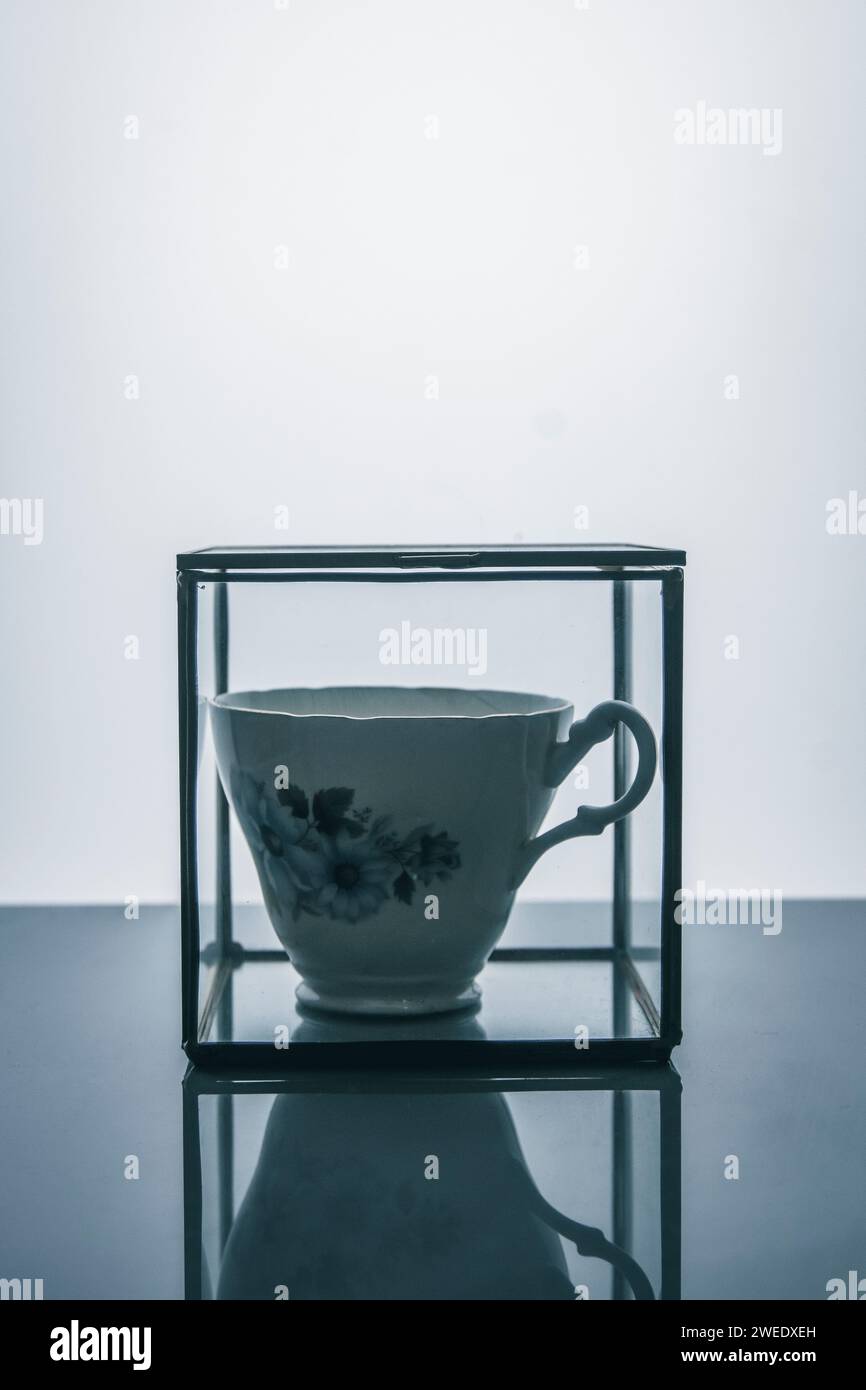 Teacup inside glass box against white background Stock Photo - Alamy