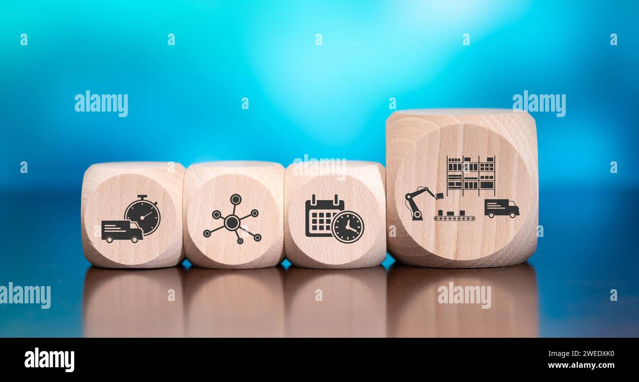 Wooden blocks with symbol of logistics concept on blue background Stock ...