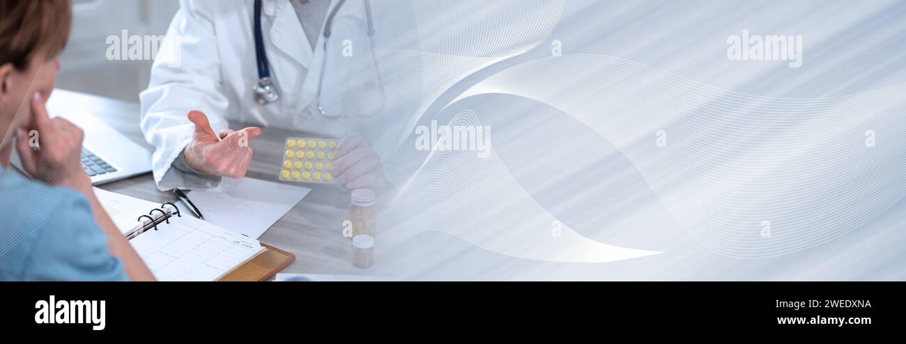 Doctor explaining medicine to his patient in medical office; panoramic ...