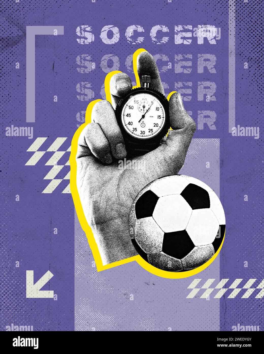 Hand holding a stopwatch next to a soccer ball on purple background ...