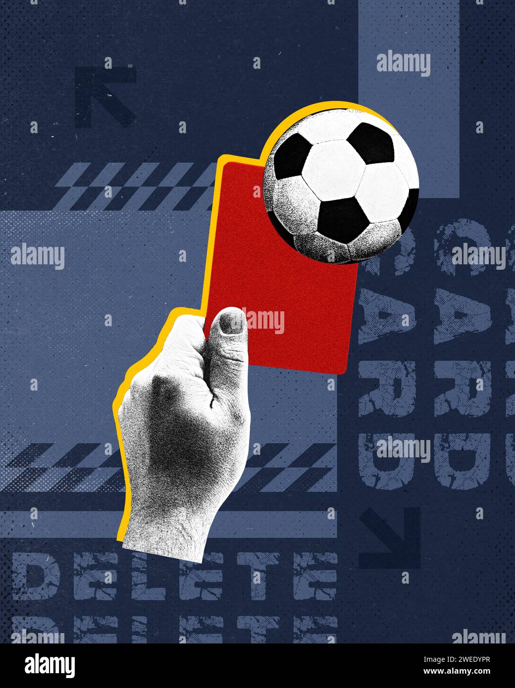 Referee hand holding red card. Soccer ball on blue background. Game ...