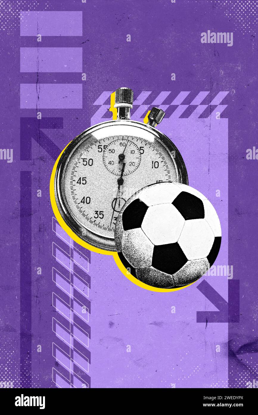 Stopwatch next to a soccer ball on purple background. Modern design ...