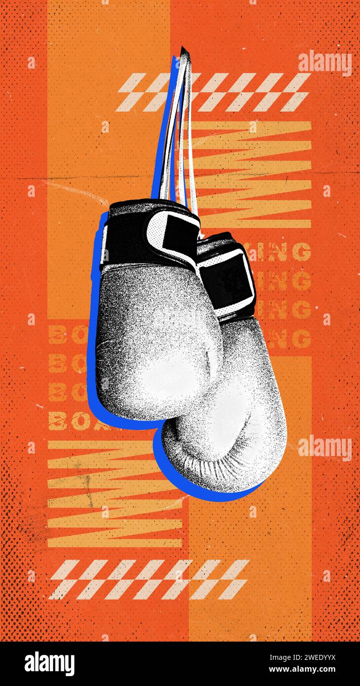 Pair of boxing gloves hanging against orange background with abstract ...