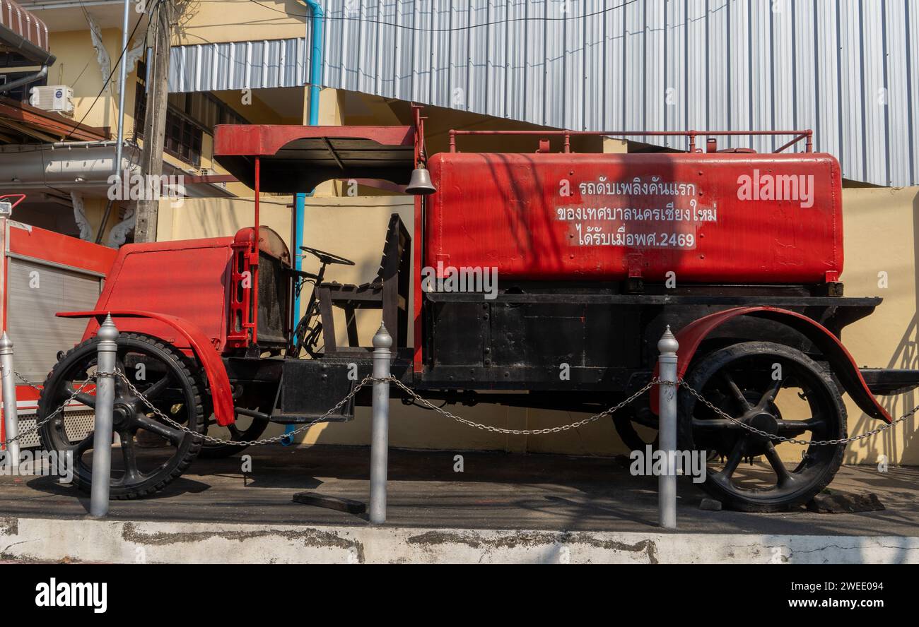 Vintage fire engine on display at Chiang Mai central Fire Brigade ...